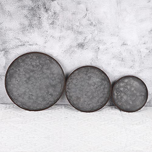 Hipiwe 3PCS Industrial Metal Iron Tray Round Galvanized Serving Tray Rustic Farmhouse Style Home Decorative Tray for Weddings Parties Coffee Table Centerpiece (9.6" + 7.7" + 6.1 ")