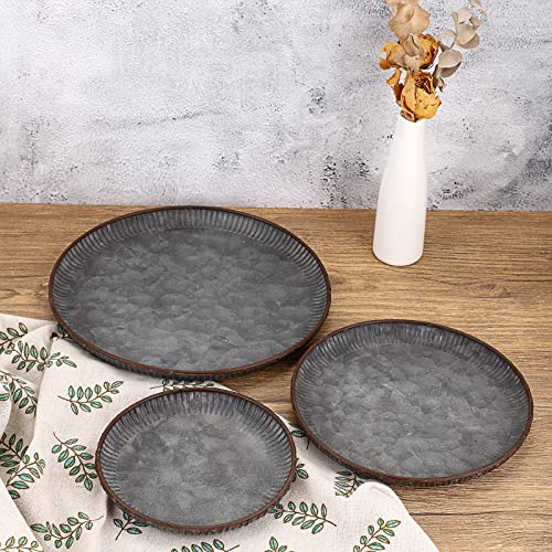 Hipiwe 3PCS Industrial Metal Iron Tray Round Galvanized Serving Tray Rustic Farmhouse Style Home Decorative Tray for Weddings Parties Coffee Table Centerpiece (9.6" + 7.7" + 6.1 ")