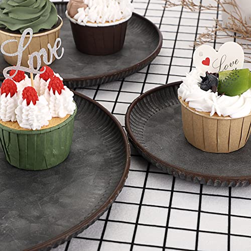 Hipiwe 3PCS Industrial Metal Iron Tray Round Galvanized Serving Tray Rustic Farmhouse Style Home Decorative Tray for Weddings Parties Coffee Table Centerpiece (9.6" + 7.7" + 6.1 ")