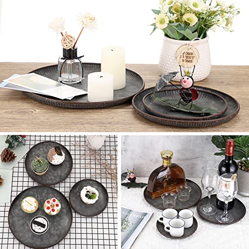 Hipiwe 3PCS Industrial Metal Iron Tray Round Galvanized Serving Tray Rustic Farmhouse Style Home Decorative Tray for Weddings Parties Coffee Table Centerpiece (9.6" + 7.7" + 6.1 ")