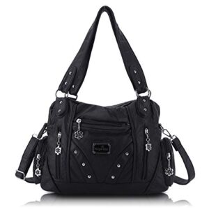 angel barcelo roomy fashion hobo womens handbags ladies purses satchel shoulder bags tote washed leather bag (stylish black)