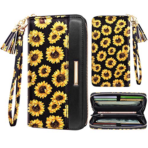 Women Wallets Multi Card Case Wallet Clutch Wallet Card Holder Organizer Ladies Purse Floral Tassel Wrist strap Purse,Sunflower