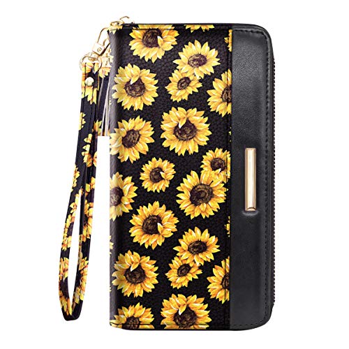 Women Wallets Multi Card Case Wallet Clutch Wallet Card Holder Organizer Ladies Purse Floral Tassel Wrist strap Purse,Sunflower