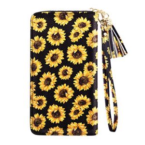 Women Wallets Multi Card Case Wallet Clutch Wallet Card Holder Organizer Ladies Purse Floral Tassel Wrist strap Purse,Sunflower