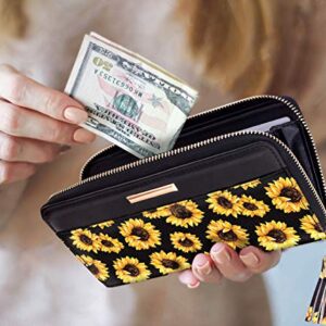 Women Wallets Multi Card Case Wallet Clutch Wallet Card Holder Organizer Ladies Purse Floral Tassel Wrist strap Purse,Sunflower