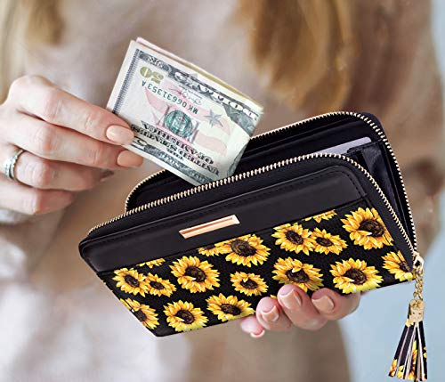 Women Wallets Multi Card Case Wallet Clutch Wallet Card Holder Organizer Ladies Purse Floral Tassel Wrist strap Purse,Sunflower