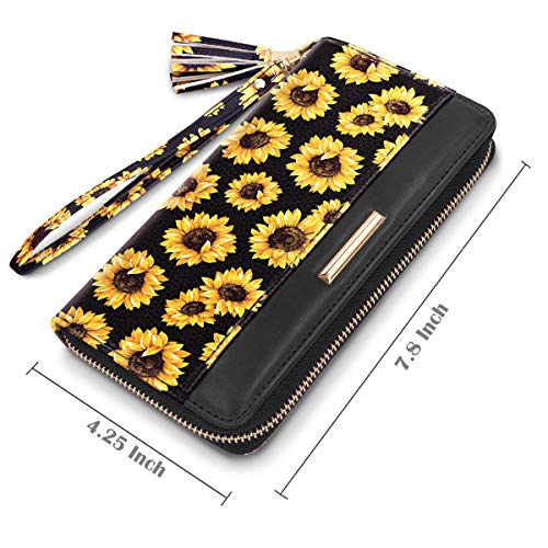 Women Wallets Multi Card Case Wallet Clutch Wallet Card Holder Organizer Ladies Purse Floral Tassel Wrist strap Purse,Sunflower