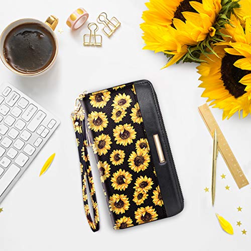 Women Wallets Multi Card Case Wallet Clutch Wallet Card Holder Organizer Ladies Purse Floral Tassel Wrist strap Purse,Sunflower