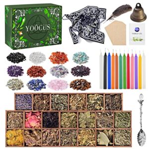 witchcraft supplies kit for wiccan spells 69 packs of dried herbs healing crystals and colored magic spiritual candles parchments for beginners experienced witches pagan spell witchy gifts altar