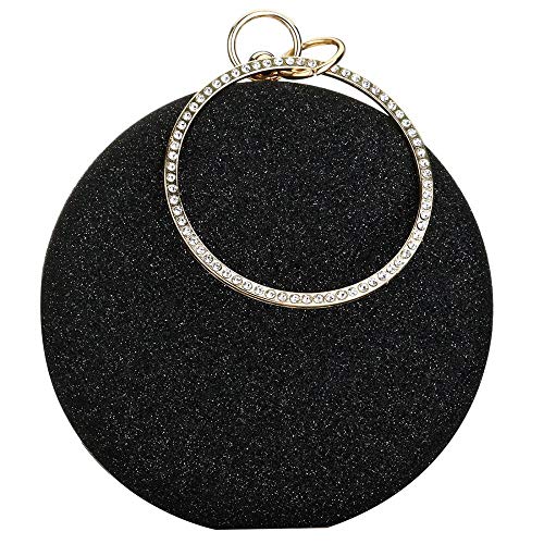 Women Round Glitter Clutch Tote Bag Top Handle Handbags Purse with Chain Circular Rhinestone Ring for Proms Wedding Evening Party (Black)