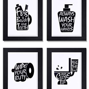 Bathroom Decor Wall Art Prints with Paper Frames;Funny Bathroom Wall Signs Wash Brush Floss Flush Black and White Bathroom Canvas Artwork Poster Carboard Frames 8×10inch set of 4(Black and White) (B)