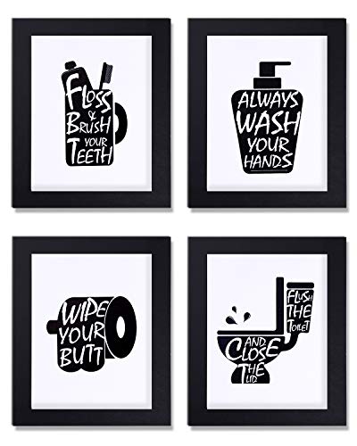 Bathroom Decor Wall Art Prints with Paper Frames;Funny Bathroom Wall Signs Wash Brush Floss Flush Black and White Bathroom Canvas Artwork Poster Carboard Frames 8×10inch set of 4(Black and White) (B)