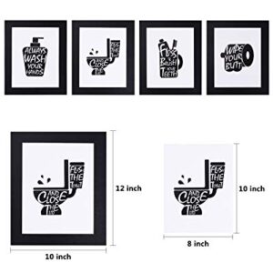 Bathroom Decor Wall Art Prints with Paper Frames;Funny Bathroom Wall Signs Wash Brush Floss Flush Black and White Bathroom Canvas Artwork Poster Carboard Frames 8×10inch set of 4(Black and White) (B)