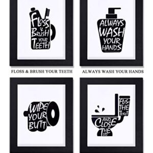 Bathroom Decor Wall Art Prints with Paper Frames;Funny Bathroom Wall Signs Wash Brush Floss Flush Black and White Bathroom Canvas Artwork Poster Carboard Frames 8×10inch set of 4(Black and White) (B)