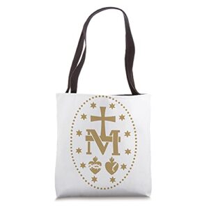 miraculous medal of virgin mary catholic saint tote bag