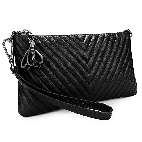 YALUXE Womens Wristlet Real Leather Chevron Tassel Large V Clutch Wallet with Shoulder Strap