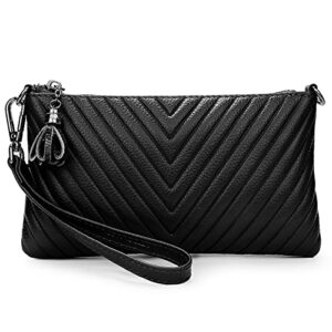 YALUXE Womens Wristlet Real Leather Chevron Tassel Large V Clutch Wallet with Shoulder Strap