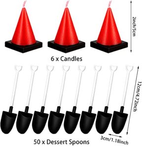 BBTO 6 Pieces Cone Shaped Molded Candles 50 Pieces Plastic Shovel Shape Novelty Spoons Construction Party Supplies Traffic Cones Candles for Birthday Cakes Decorations Toppers Construction