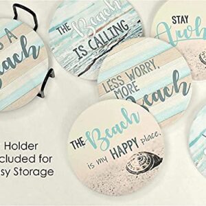 PANCHH Beach Coastal & Ocean Sea Tropical Theme Coasters for Drinks , Kitchen Decor and Gifts for Beach House and Home Beach Bars - Coasters for Wooden Table - Set of 6 with Holder , Absorbent