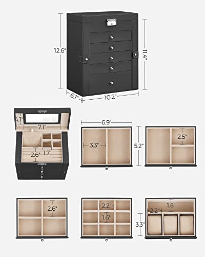 SONGMICS 6 Tier Jewelry Box, Jewelry Case with 5 Drawers, Large Storage Capacity, with Mirror, Lockable, Jewelry Storage Organizer, Gift for Loved Ones, For Watches, Black UJBC152B01