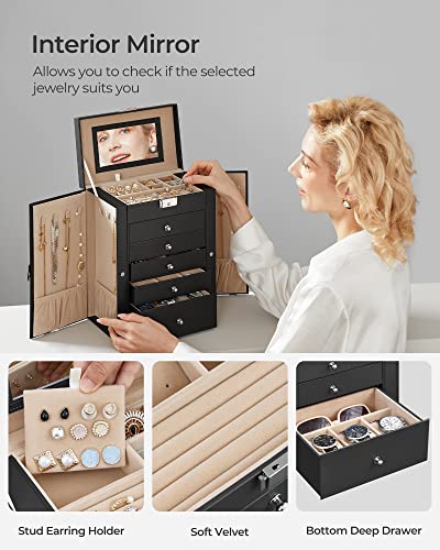 SONGMICS 6 Tier Jewelry Box, Jewelry Case with 5 Drawers, Large Storage Capacity, with Mirror, Lockable, Jewelry Storage Organizer, Gift for Loved Ones, For Watches, Black UJBC152B01