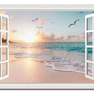 Beach Wall Art Picture for Living Room - Window Frame Style Canvas Wall Decor Ocean Sunset - Blue Sea and White Sand Painting on Canvas for Bedroom Office Home Decoration