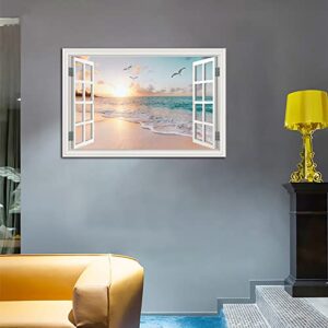 Beach Wall Art Picture for Living Room - Window Frame Style Canvas Wall Decor Ocean Sunset - Blue Sea and White Sand Painting on Canvas for Bedroom Office Home Decoration