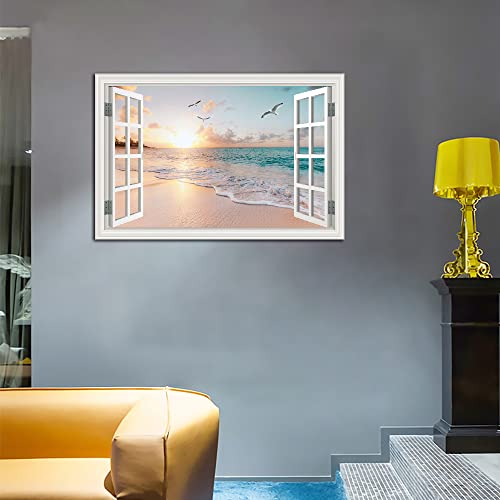 Beach Wall Art Picture for Living Room - Window Frame Style Canvas Wall Decor Ocean Sunset - Blue Sea and White Sand Painting on Canvas for Bedroom Office Home Decoration