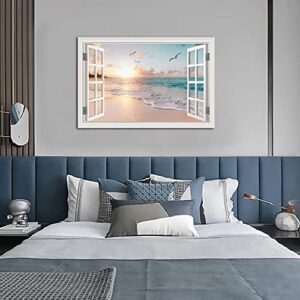 Beach Wall Art Picture for Living Room - Window Frame Style Canvas Wall Decor Ocean Sunset - Blue Sea and White Sand Painting on Canvas for Bedroom Office Home Decoration