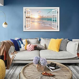 Beach Wall Art Picture for Living Room - Window Frame Style Canvas Wall Decor Ocean Sunset - Blue Sea and White Sand Painting on Canvas for Bedroom Office Home Decoration