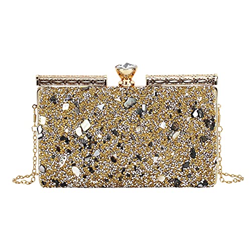 Felice Ann Glitter Rhinestone Sequins Evening Clutch Handbag Chain Strap Crossbody Shoulder Bag, Rhinestone Sequins Golden