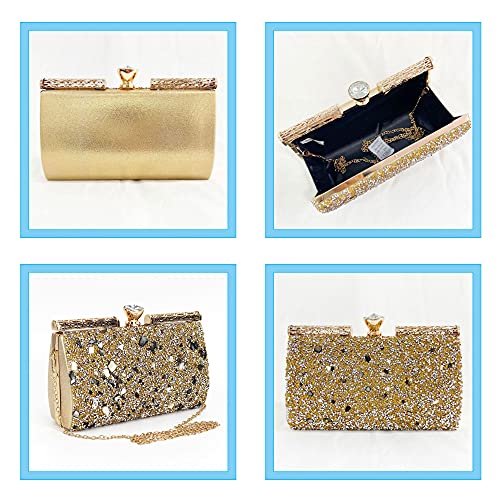 Felice Ann Glitter Rhinestone Sequins Evening Clutch Handbag Chain Strap Crossbody Shoulder Bag, Rhinestone Sequins Golden