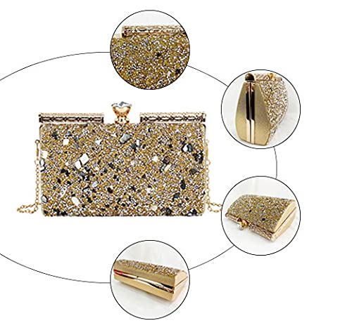 Felice Ann Glitter Rhinestone Sequins Evening Clutch Handbag Chain Strap Crossbody Shoulder Bag, Rhinestone Sequins Golden