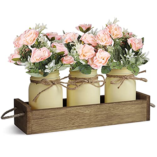 Floral Arrangements Artificial Centerpieces, Centerpieces for Dining Room Table, Mason Jar Decorative Wood Tray with Fake Rose Bouquet Flowers Farmhouse Decor for Living Room Kitchen Table - Pink