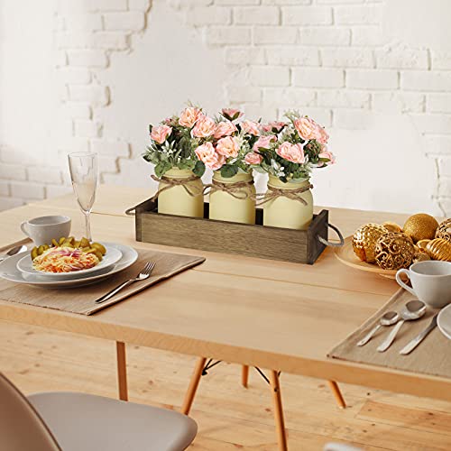 Floral Arrangements Artificial Centerpieces, Centerpieces for Dining Room Table, Mason Jar Decorative Wood Tray with Fake Rose Bouquet Flowers Farmhouse Decor for Living Room Kitchen Table - Pink