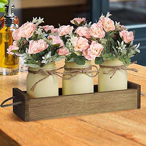 Floral Arrangements Artificial Centerpieces, Centerpieces for Dining Room Table, Mason Jar Decorative Wood Tray with Fake Rose Bouquet Flowers Farmhouse Decor for Living Room Kitchen Table - Pink