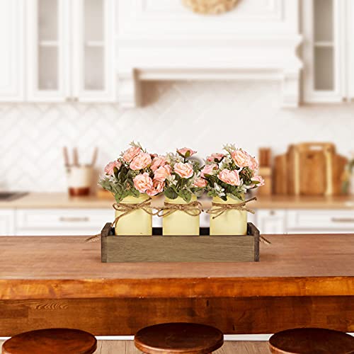 Floral Arrangements Artificial Centerpieces, Centerpieces for Dining Room Table, Mason Jar Decorative Wood Tray with Fake Rose Bouquet Flowers Farmhouse Decor for Living Room Kitchen Table - Pink