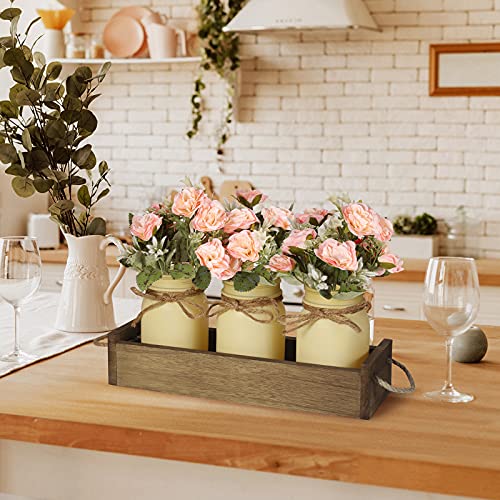 Floral Arrangements Artificial Centerpieces, Centerpieces for Dining Room Table, Mason Jar Decorative Wood Tray with Fake Rose Bouquet Flowers Farmhouse Decor for Living Room Kitchen Table - Pink