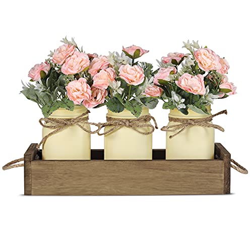 Floral Arrangements Artificial Centerpieces, Centerpieces for Dining Room Table, Mason Jar Decorative Wood Tray with Fake Rose Bouquet Flowers Farmhouse Decor for Living Room Kitchen Table - Pink