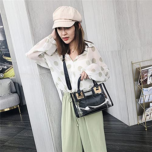 Women Clear Handbags 2 in 1 Jelly Tote Purse Transparent Messenger Shoulder Crossbody Bag, Black