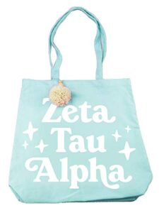 sorority shop zta tote bag – zeta tau alpha teal and white retro pom pom canvas tote bag – sorority retro tote– sorority gift