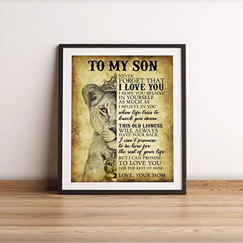 "To My Son-Never Forget That I Love You" Motivational Family Wall Art -11 x 14" Typographic Wall Decor w/Lioness & Cub Image-Ready to Frame. Inspirational Keepsake for Any Son. Great Graduation Gift!