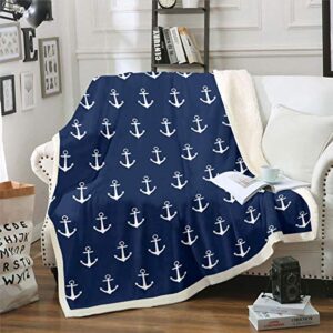 feelyou nautical fuzzy blanket anchor sherpa throw blanket sea adventure fleece throw blanket soft warm cozy ocean theme plush blanket navy blue 50″x60″