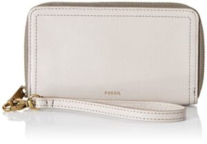 fossil women’s logan eco leather wallet rfid blocking mid size zip with wristlet strap, graystone