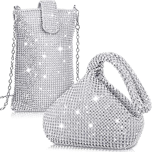 Weewooday Clutch Purses for Women Wedding 2 Pieces Rhinestone Evening Triangle Bling Handbag Cell Phone Crossbody Bag (Silver)