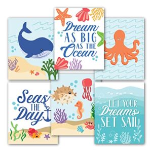 6 reversible 8×10 ocean wall art prints, beach bathroom decor wall art, sea turtle wall decor for bedroom posters for kids, ocean wall art decor, ocean wall decor for room posters ocean party supplies