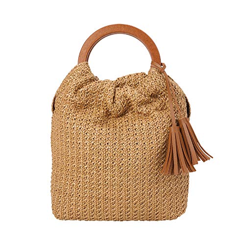 QTKJ Hand-woven Large Straw Tote Bag with Brown Leather Tassels Boho Brown Wooden Round Handle Tote Retro Summer Beach Bag Rattan Handbag (Light Coffee)