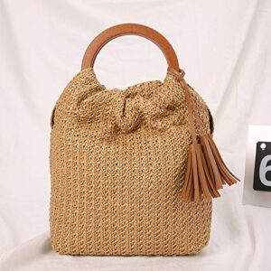 QTKJ Hand-woven Large Straw Tote Bag with Brown Leather Tassels Boho Brown Wooden Round Handle Tote Retro Summer Beach Bag Rattan Handbag (Light Coffee)