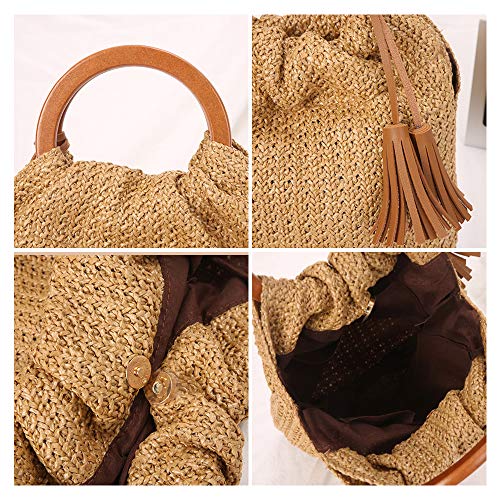 QTKJ Hand-woven Large Straw Tote Bag with Brown Leather Tassels Boho Brown Wooden Round Handle Tote Retro Summer Beach Bag Rattan Handbag (Light Coffee)