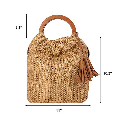 QTKJ Hand-woven Large Straw Tote Bag with Brown Leather Tassels Boho Brown Wooden Round Handle Tote Retro Summer Beach Bag Rattan Handbag (Light Coffee)